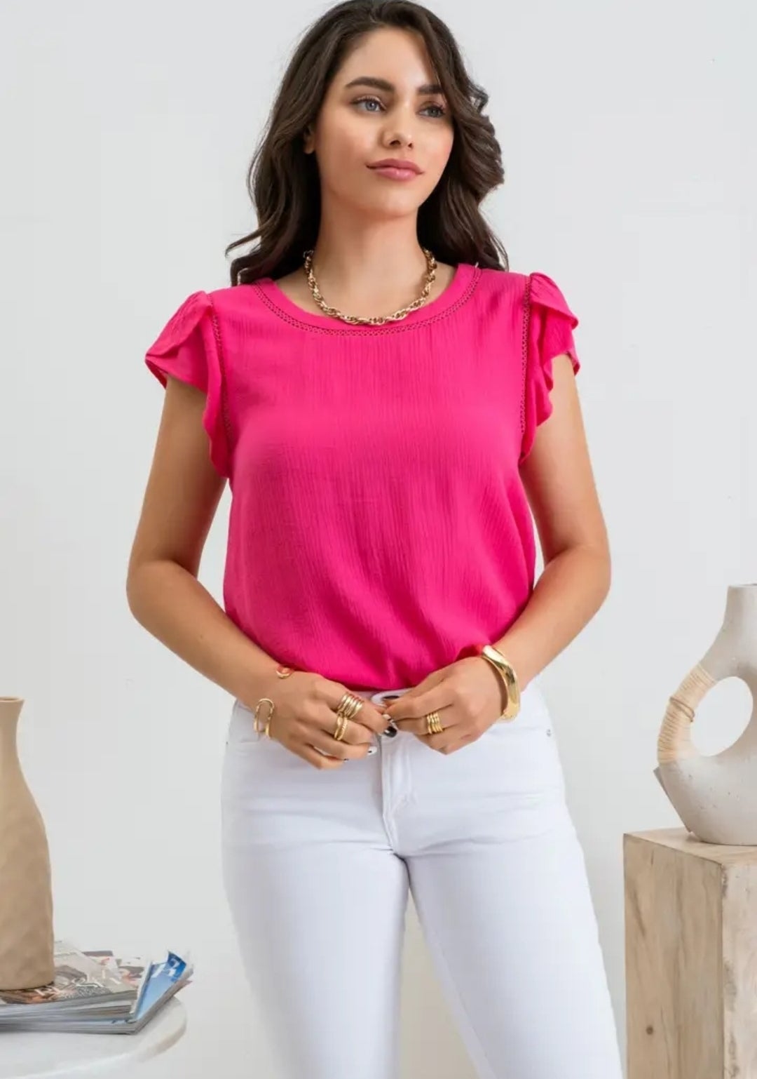 Tulip Sleeve Back Button Blouse Fuchsia Bizzy Boutique RC